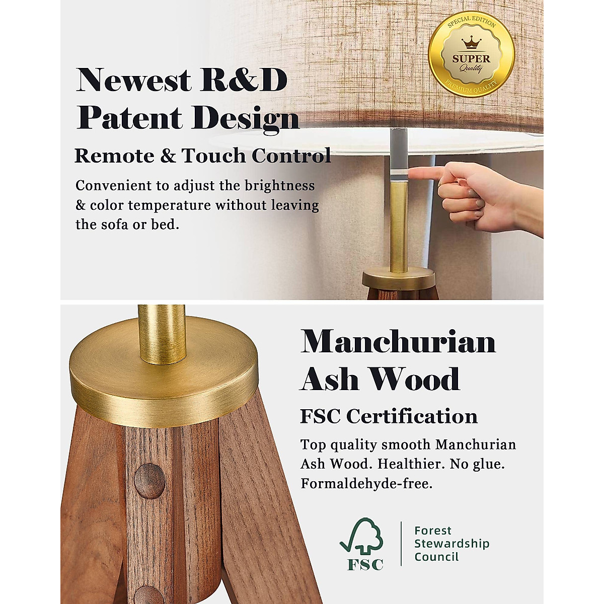 ELYONA Tripod Floor Lamp with Remote for Bedroom, Solid Ash Wood, Stepless Dimmer & Color Temperature LED Bulb Included, Mid Century Modern Touch Control Standing Light for Living Room, Brown