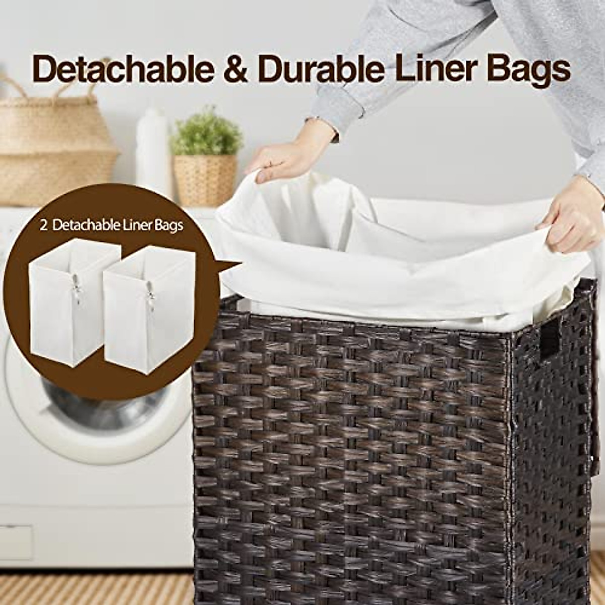 GREENSTELL Laundry Hamper with Lid, 90L Clothes Hamper with 2 Removable Liner Bags & 2 Mesh Laundry Bags, Handwoven Synthetic Rattan Laundry Basket for Clothes, Toys in Bathroom, Bedroom Brown