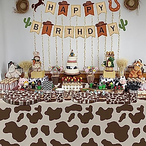Xigejob Cow Print Party Tablecloth Supplies For Cowboy Birthday Decorations - Disposable Brown Cow Party Table Cover, Western Cowboy Farm Baby Shower Birthday Table Decorations - 2 Pack (54in x 108in)
