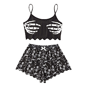 WDIRARA Women's Sleepwear Skull Print Strap Pajama Set Cami and Shorts Black Bow L