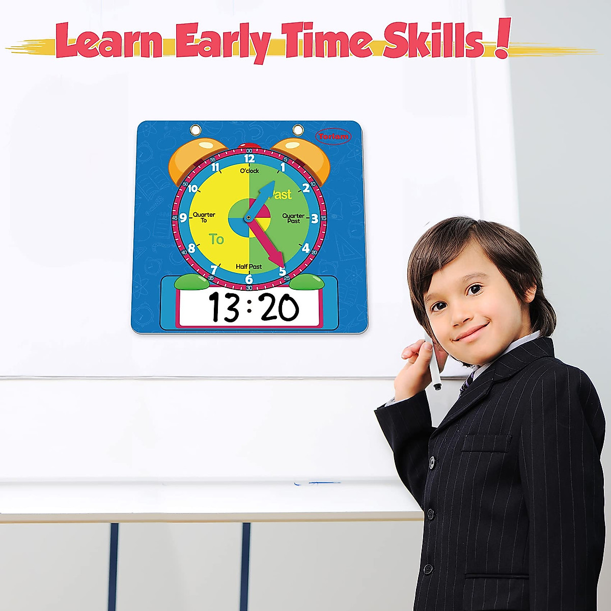 Magnetic Writable Dry Erase Learning Clock | Clock for Kids Learning to Tell Time | Large 12" Demonstration Teaching Time Practice Clock with Dry Erase Writing Surface | Pen Included | (Dark Blue)