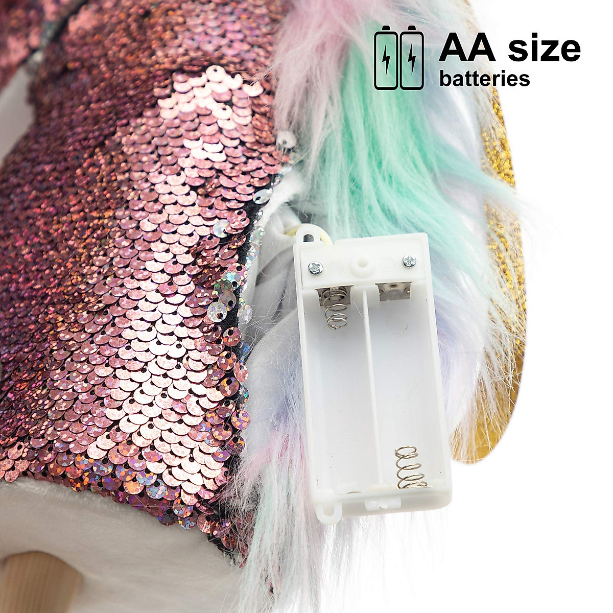 HollyHOME Sequin Unicorn Stick Horse Handcrafted Hobby Horse on a Stick with Wood Wheels Real Pony Neighing and Galloping Sounds Plush Unicorn Toy Pink 36 Inches(AA Batteries Required)