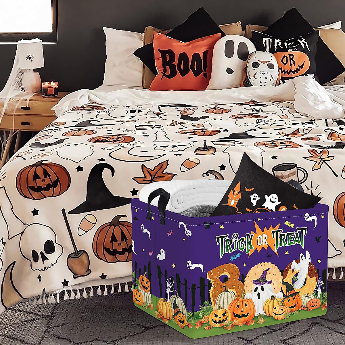 Clastyle Rectangular Gnome Cart Fall Basket Orange Pumpkin Christmas Gift Shelf Basket Farm Harvest Turkeys Storage Bin for Toys Clothes