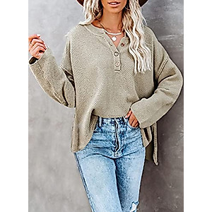 SHEWIN Sweaters for Women Trendy Waffle Knit Long Sleeve Button V Neck Loose Tops,(US 18-20) 2XL,Khaki