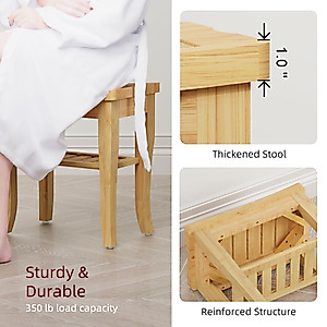 BEKVEM Bamboo Shower Bench, Spa Small Shower Stool for Inside Shower Waterproof, Bathroom Bench Seat with Storage Shelf for Adults Elderly Seniors, Wood Chair for Indoor or Outdoor Use, Natural
