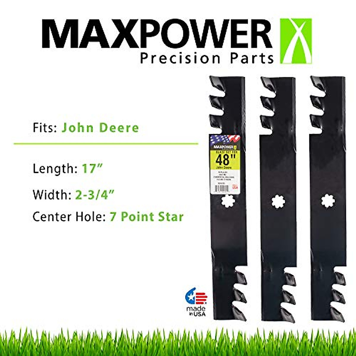 MaxPower 561812XB Set of 3, 3-N-1 Commercial Mulching Blades for 48 in. Cut John Deere Mowers, Replaces OEM no. GX21784, GX21786, Black