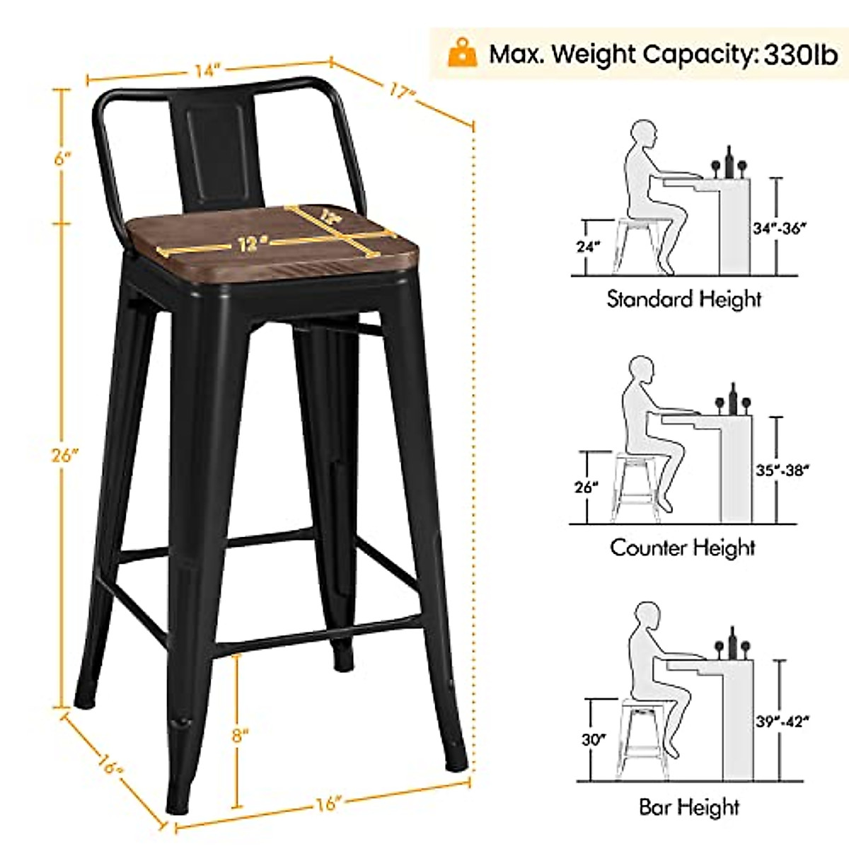 Yaheetech 26 inch Low Back Metal Bar Stools Set of 4 Counter Height Barstools with Wooden Seat Industrial Counter Stool Bar Chairs for Home Kitchen Black