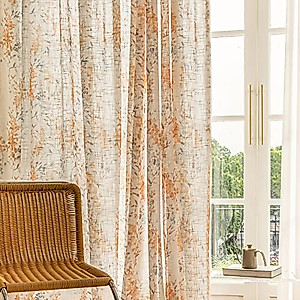 SUOUO Printed Semi Sheer Curtains Linen Textured for Living Room Floral Pattern Farmhouse Style Light Filtering Window Drapes for Bedroom Dining 52 x 84 inches Long Rod Pocket 2 Panels Orange Leaf