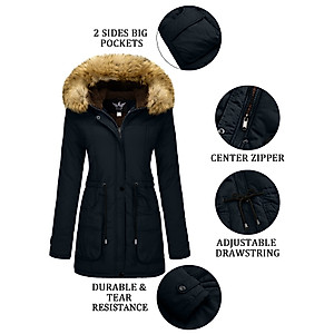 YXP Women's Winter Thicken Military Parka Jacket Warm Fleece Cotton Coat with Fur Hood (Navy,L)