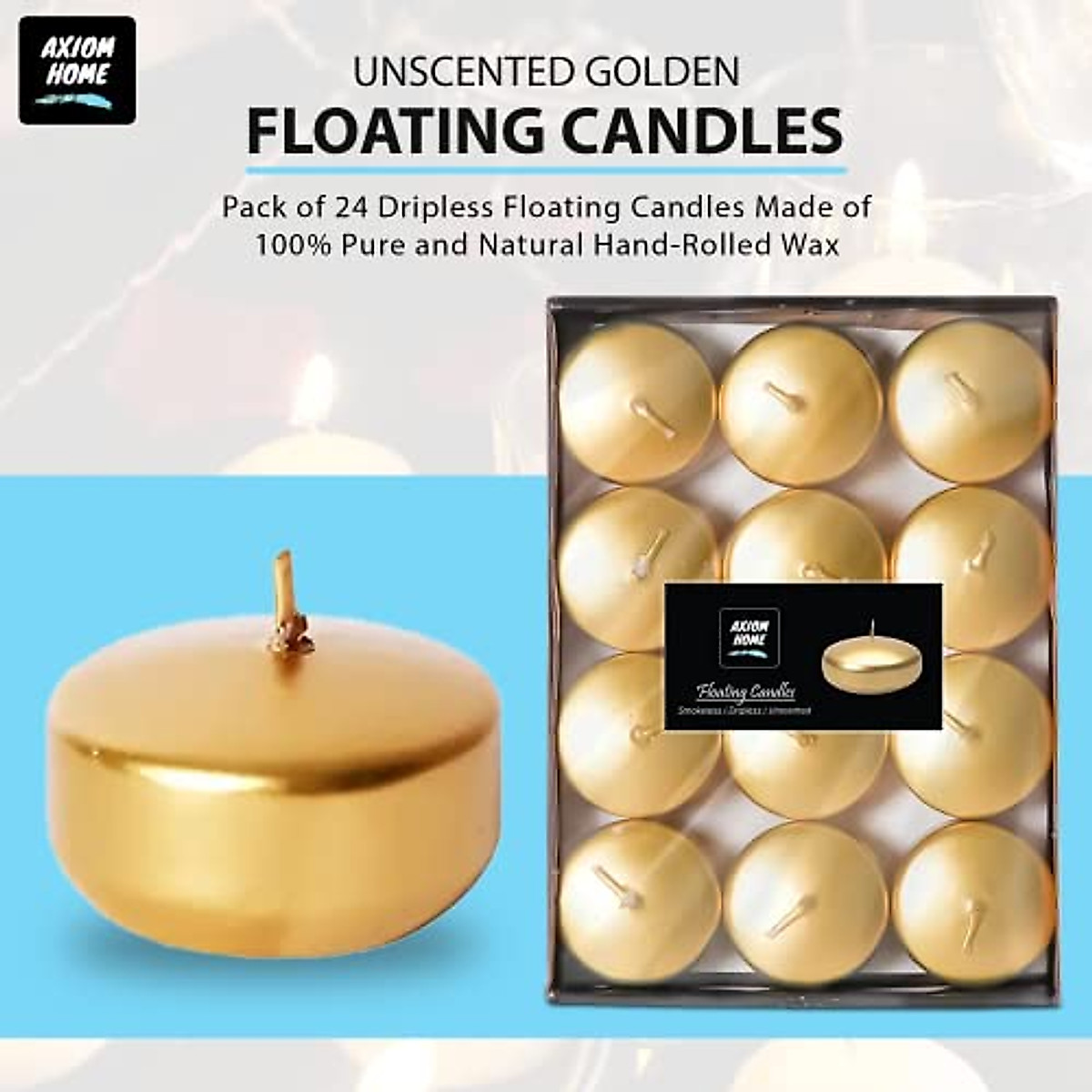 Axiom - Pack of 24 Floating Candles, 4 Hours Burning Time - Dripless Floating Candles for Valentine's Day - 100% Pure and Natural Hand-Rolled Wax Candles for Parties - Metallic Golden (Unscented)