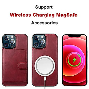 Bocasal Wallet Case for iPhone 13 Pro Max Compatible with MagSafe Magnetic RFID Blocking Detachable Premium PU Leather Flip Case with Card Slots Holder Kickstand Wireless Charging 6.7 Inch (Wine Red)