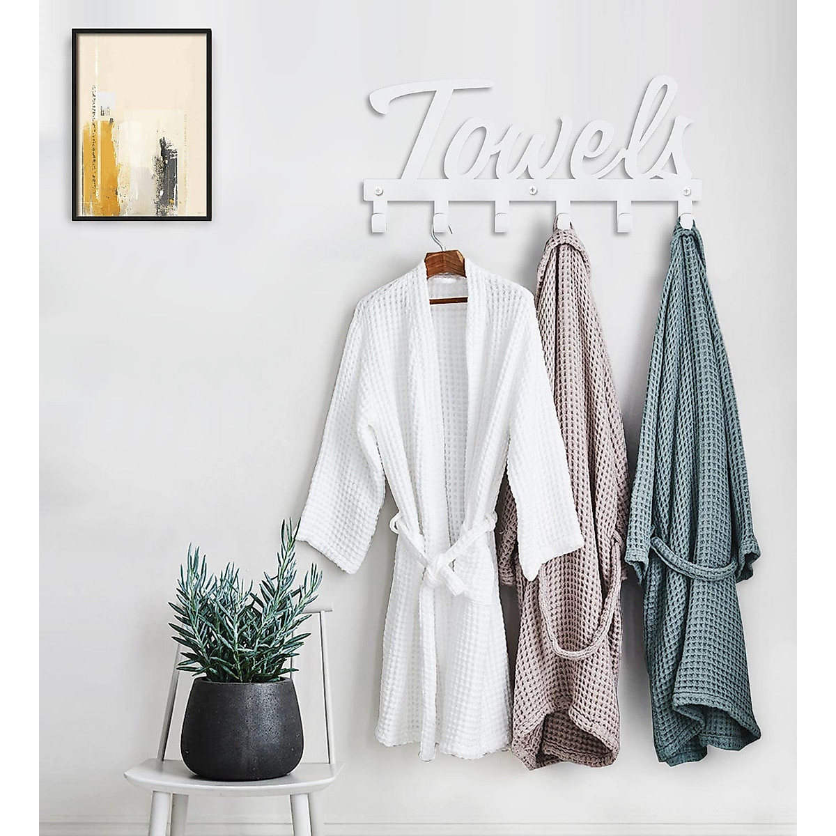 Livelab Towel Rack, Towel Racks for Bathroom Wall Mounted, 6 Hooks White Towel Holder for Bathroom Space Saving, Waterproof Rustproof Easy Install Towel Hanger for Bathroom, Pool, Living Room