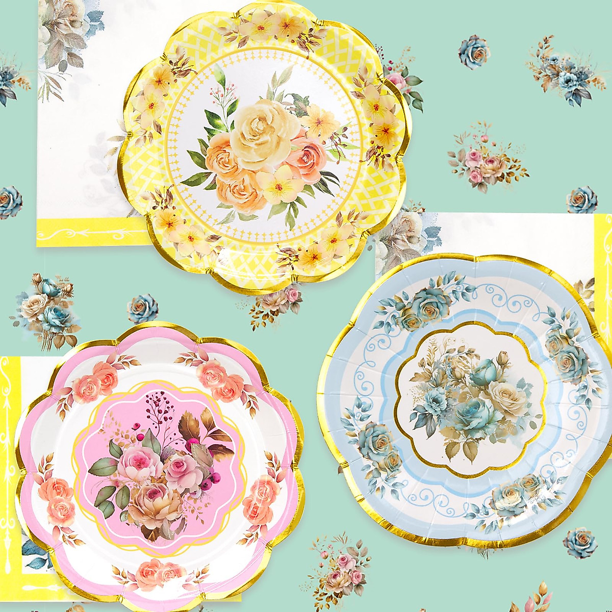 Tea Party Supplies Floral Party Dinnerware Tea Party Decorations 12 Paper Tea Cups and Saucers, Plates Napkins Tablecloth