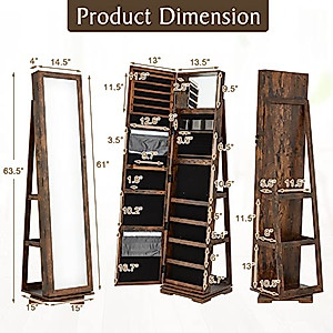 ACIPENSER 360° Rotating Jewelry Armoire, Lockable Jewelry Cabinet Organizer Standing w/Full Length Mirror, Large Storage Capacity, Built-in Makeup Mirror & 3-Tier Rear Storage Shelves, Rustic Brown