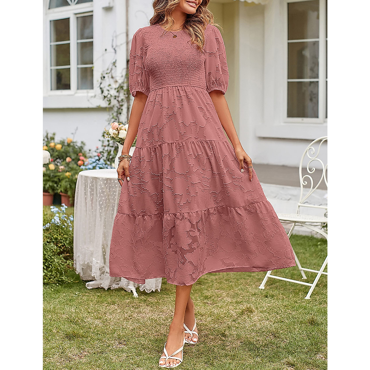 MEROKEETY Women's 2025 Summer Cute Bubble Sleeve Shirred Bohemian Dress Flowy Pleated Midi Long Dresses,Tearose,L