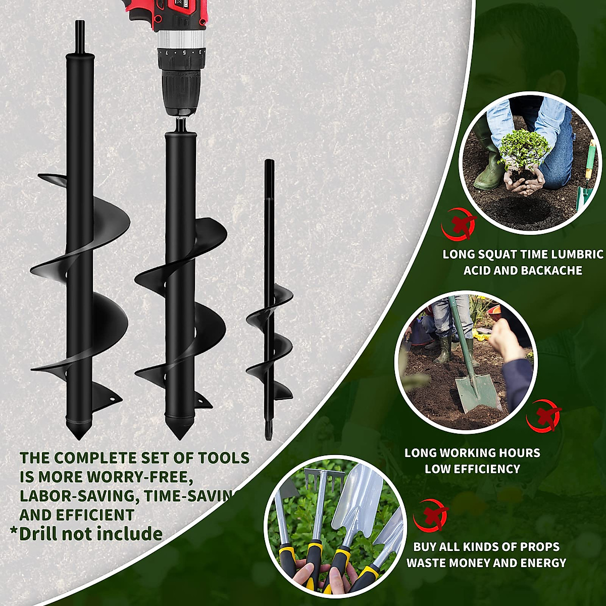 Auger Spiral Drill Bit for Planting Bulb Flower & Bedding, Garden Plant Auger, Upright or Umbrella Hole Diggers, Includes 3 Heavy Duty Cast Aluminum Garden Hand Shovels (6 Pieces)