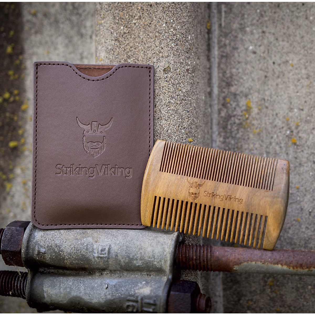 Striking Viking Sandalwood Beard Comb & Case - Pocket-Sized Grooming Tool with Fine & Coarse Teeth, Perfect for Use with Balms & Oils