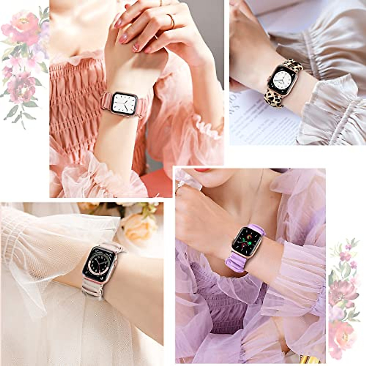 WANLISS 5 Pack Scrunchie Band Compatible for Apple Watch Band 38mm 40mm 41mm 42mm 44mm 45mm,Soft Cute Printed Elastic Cloth Wristband for Women for iWatch Series 8 7 6 5 4 3 2 1 SE