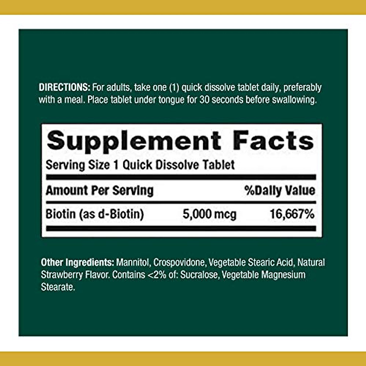 Biotin by Nature's Bounty, Vitamin Supplement, Supports Metabolism for Cellular Energy and Healthy Hair, Skin, and Nails, 5000 mcg, 60 Quick Dissolve Tablets