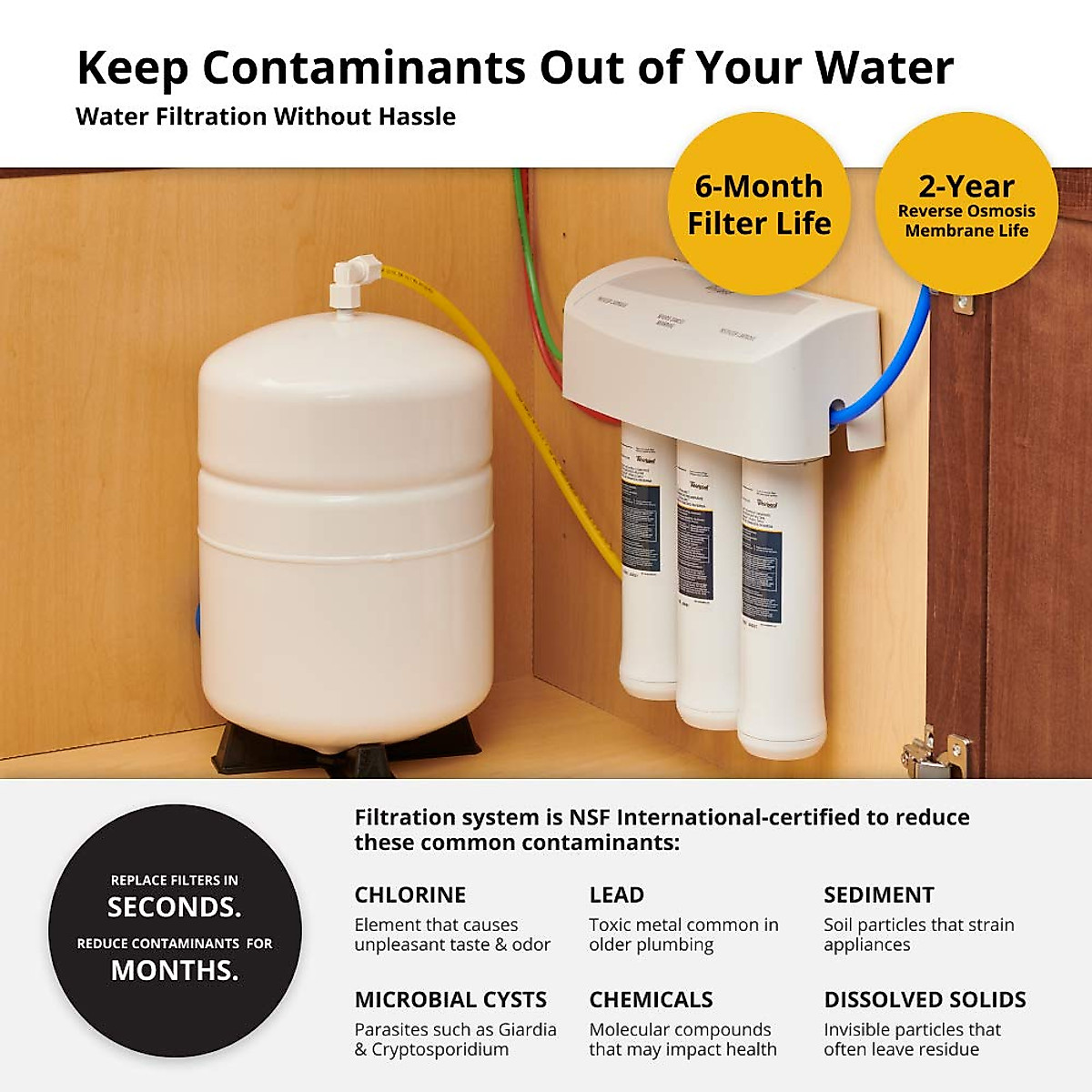 Whirlpool WHER25 Reverse Osmosis (RO) Filtration System With Chrome Faucet | Extra Long Life | Easy To Replace UltraEase Filter Cartridges, White