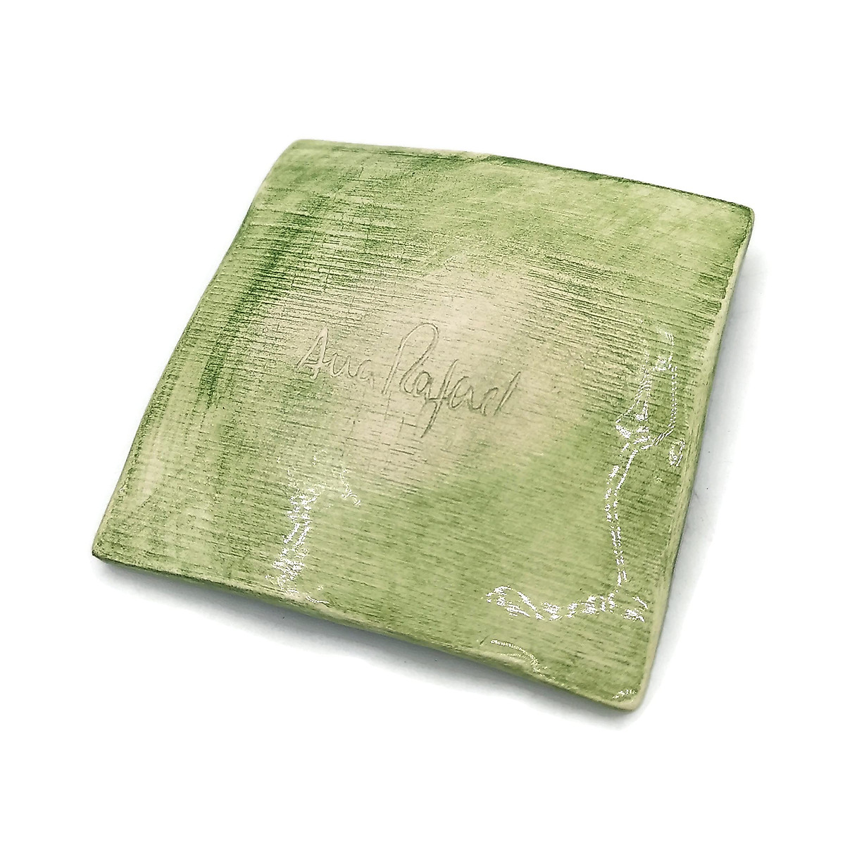 Clay Ring Dish, Small Square Handmade Ceramic Trinket Dish, Small Tealight Candle Holder, Teabag Holder (Sage Flower)