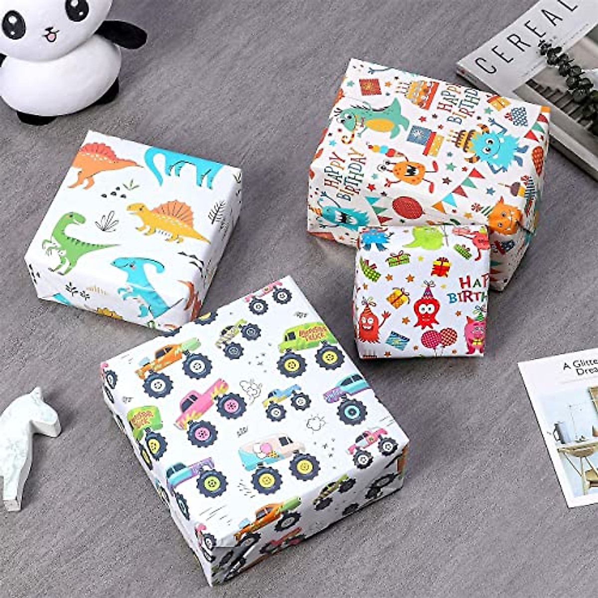 Camkuzon Birthday Wrapping Paper for Boys, Girls, Kids. 4 Cute Design Includes Monster,Car,Dinosaur.Gift Paper for Holiday,Party,Baby Shower-1 Pack Contains 10 Sheets-20 inch X 30 inch Per Sheet ,Folded Flat, Not Rolled