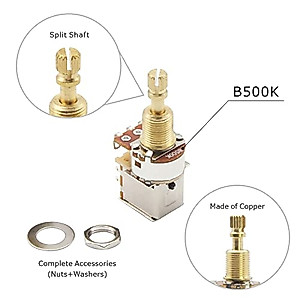 FLEOR 2pcs B500K Push Push Guitar Pots Linear Taper Potentiometers Long Copper Split Shaft