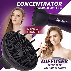 VAGARY 6690A Salon Pro Hair Dryer for Women,2200w Powerful AC Motor Fast Drying, Ionic Blow Dryer for Thick Hair,2 Speeds and 2 Heat Settings 1 Cool Shot Button(1 Diffuser and 1Concentrator)