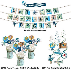 52 PCS Travel Themed Party Decorations Set Let the Adventure Begin Banner Centerpieces Sticks Hanging Swirls for Bon Voyage Retirement Farewell Party World Awaits Birthday Baby Shower Decor Supplie