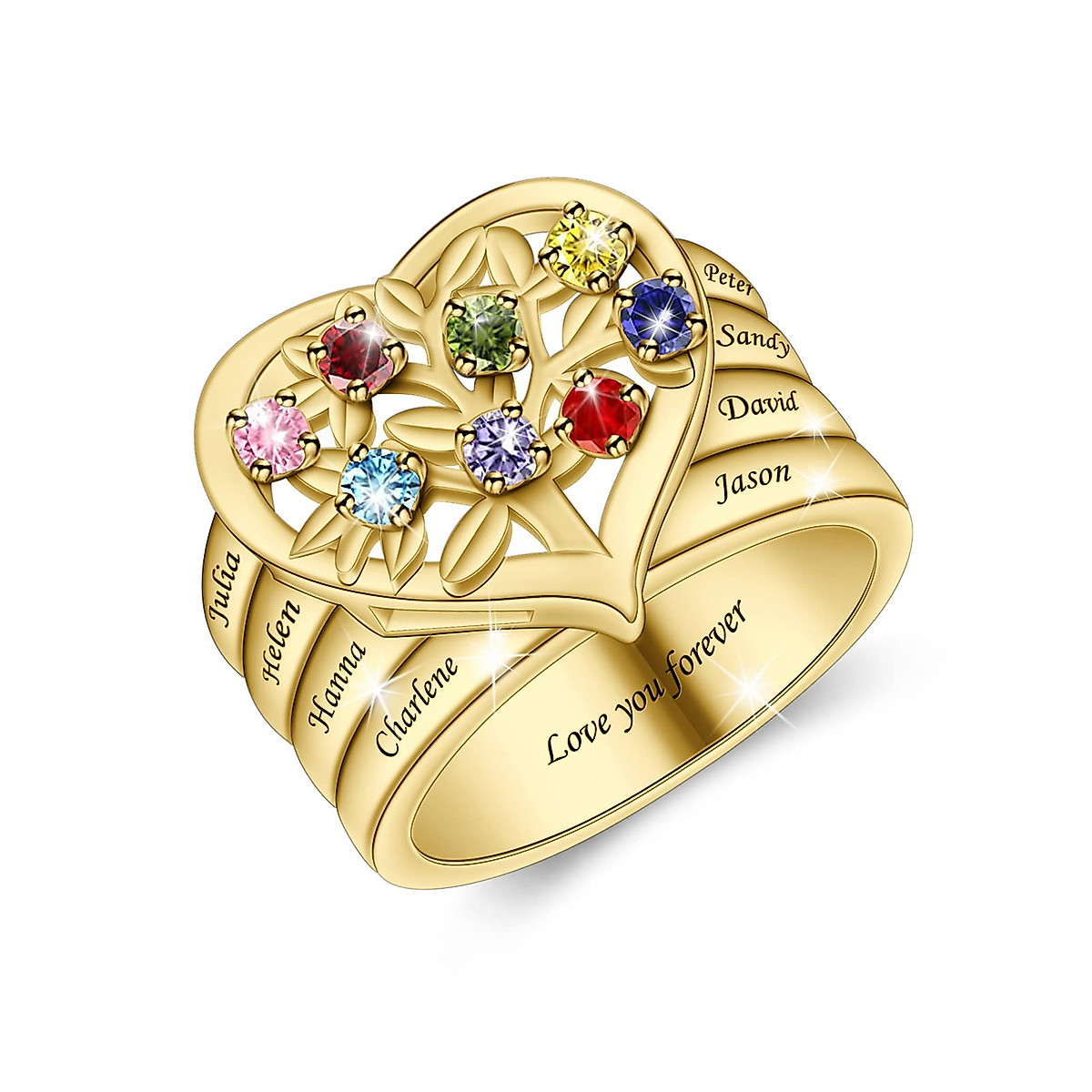 BAUMA AUTO Birthstone Rings for Women Custom 1-8 Birthstones & Names Heart Ring Tree of Life Jewelry Family Tree Rings for Mom Grandmother Wife (8 Stones)