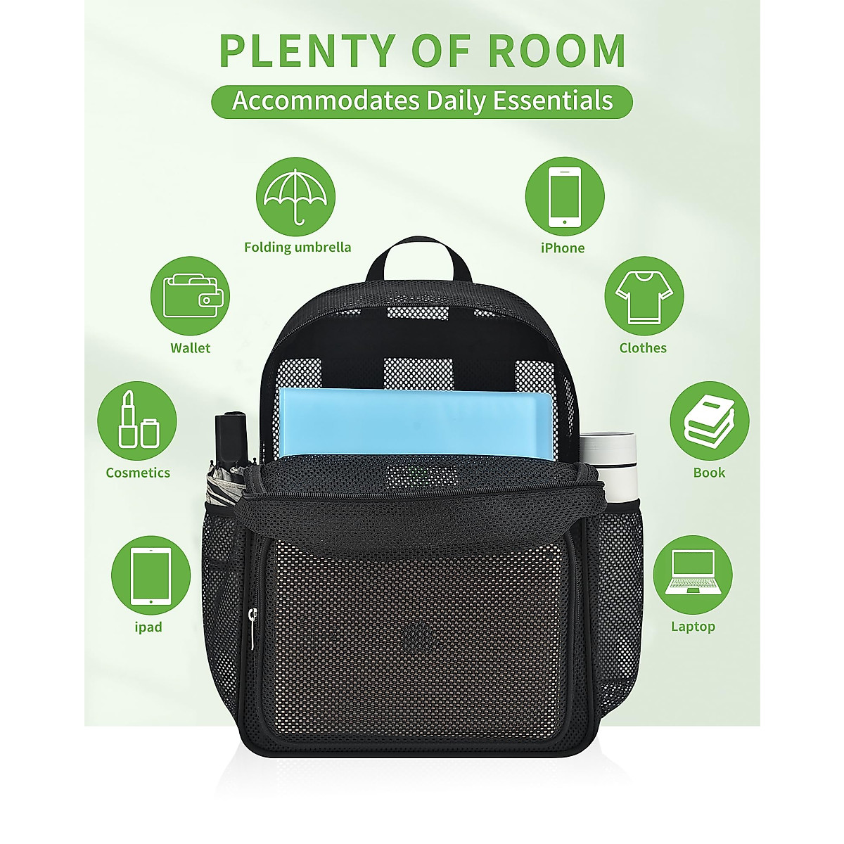 MAY TREE Heavy Duty Mesh Backpack, Semi-Transparent Mesh Backpack, See Through Mesh Backpack for Commuting, Swimming, Travel, Beach, Outdoor Sports (Black)