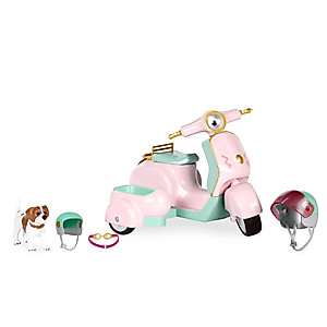 Lori Dolls – Toy Scooter for Mini Dolls – Vehicle with Accessories – Toy Dog with Helmet & Goggles – Working Lights & Sounds – Let’s Go for a Spin Scooter – 3 Years +