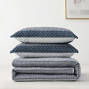 DURLENGEN Quilt Set California King Size 3Pcs, Blue & Navy Striped Patchwork Pattern All Season Lightweight Coverlet Sets(Cal King 112x104, Blue Patchwork)