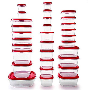 Rubbermaid 60-Piece Food Storage Containers with Lids, Salad Dressing and Condiment Containers, and Steam Vents, Microwave and Dishwasher Safe, Red