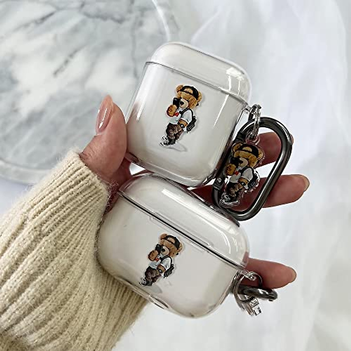 ONLYOU Compatible with Airpods Pro Case Cover with Keychain Stylish Korean Airpods Pro 2 Case Cute PC Bear Street Clear