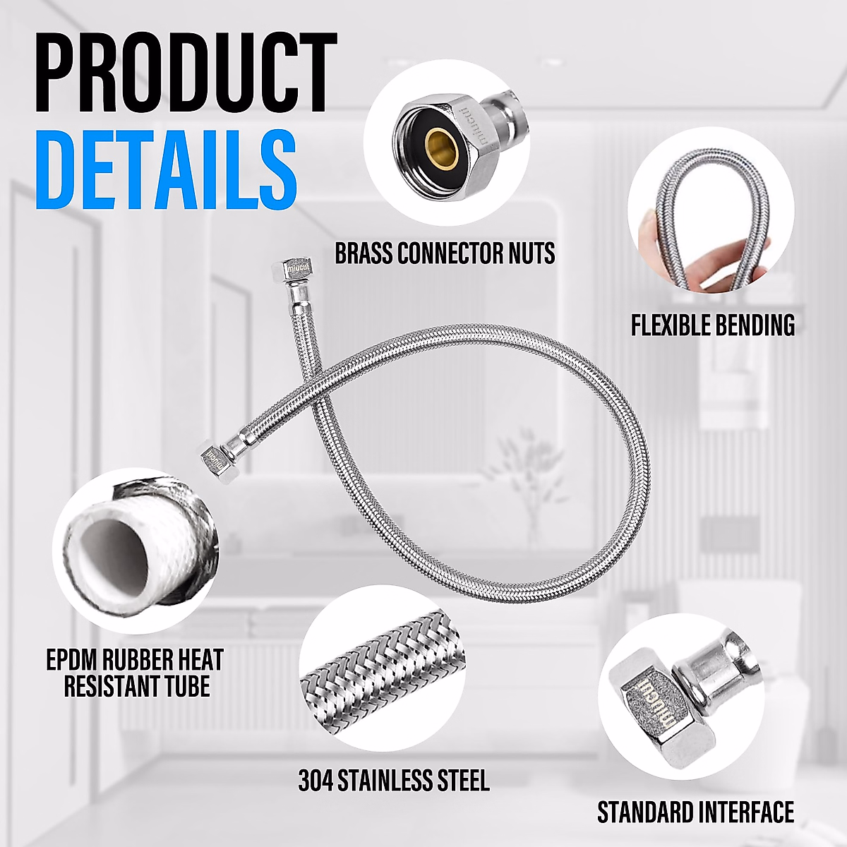 [4-Pack 12 Inch] 1/2" x 1/2" FIP Flexiable Faucet Supply Lines, Bathroom Faucet Hose Connector, 304 Stainless Steel Braided Water Supply Line for Kitchen