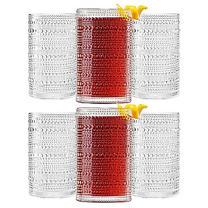 Classic Reusable Plastic Drinking Glasses, Hobnail Design, Shatterproof | 6 Set | Clear Tritan Highball, Acrylic Unbreakable Beaded Cups, Dishwasher Safe 13oz, Kitchen Cups, BPA-free, Indoor, Outdoor