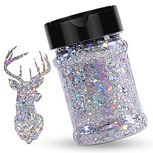 HTVRONT Holographic Chunky Glitter, 100g Silver Chunky Glitter for Resin, 3.53oz Iridescent Glitter Chunky Mixed with Fine Glitter, Shaker Cap Chunky Glitter for Tumbler, Nail, Makeup Craft Glitter