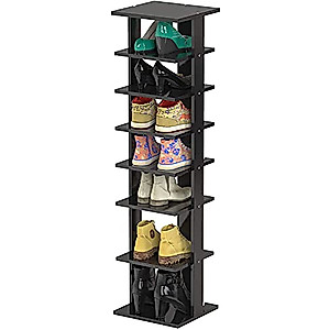 Squareful 7-Tier Wooden Shoe Rack, Modern Vertical Shoe Organizer, Multifunctional Shoe Tower Storage Stand, Space Saving Shelves for entryway, Bedroom, Hallway (Black, Small)