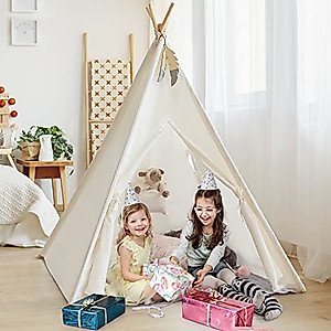 Teepee Tent for Kids with Mat, White Teepee Play Tent Foldable Tipi Tents for Girls, Boys Indoor Outdoor with Kids Teepee with Grey Mat, Fairy Lights