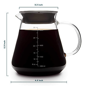 Glass Range Coffee Server For Pour Over Coffee & Tea - 800ml/27oz Ovalware Microwave Safe & Heatproof 2.5mm Thick Glass Body