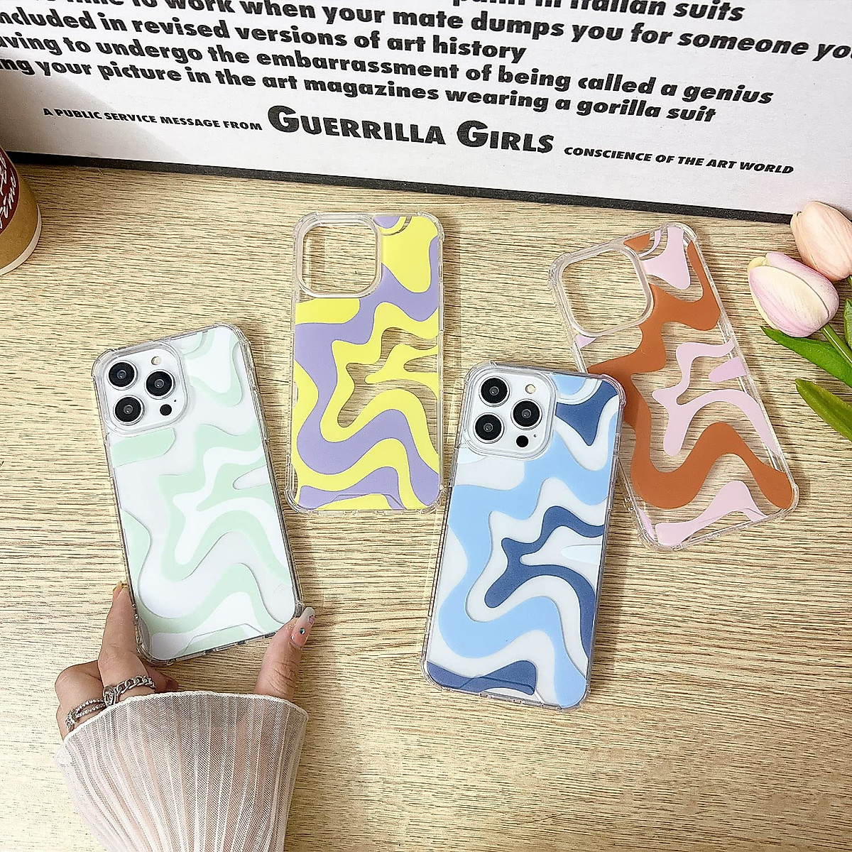 Sayoaho Compatible with iPhone 14 Pro Max Phone Case, Cute Art Wavy Painted for Women Girls, Soft TPU Edge PC Back Protective Shockproof Phone Case-Green