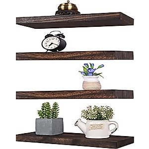 HXSWY Rustic Wood Floating Shelves for Wall Decor Farmhouse Wooden Wall Shelf for Bathroom Kitchen Bedroom Living Room Set of 4 Brown