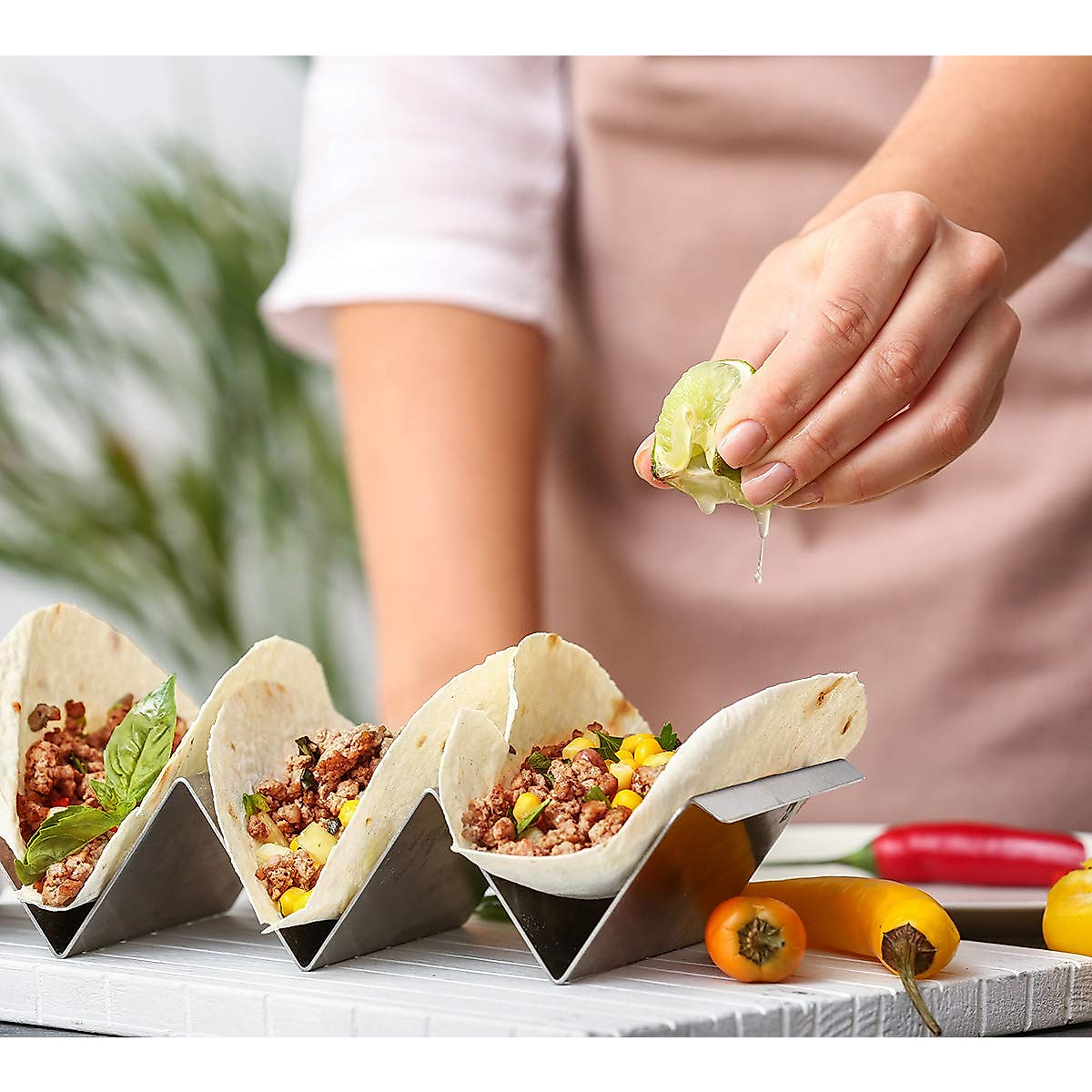 Taco Holders Stainless Steel Set of 2 for Taco Tuesday Taco Night - Sturdy, Easy to Clean & Restaurant Quality Taco Holder Stand - Taco Stands for 3 Tacos - Holds Large Small Hard Soft Shell - 2 Packs