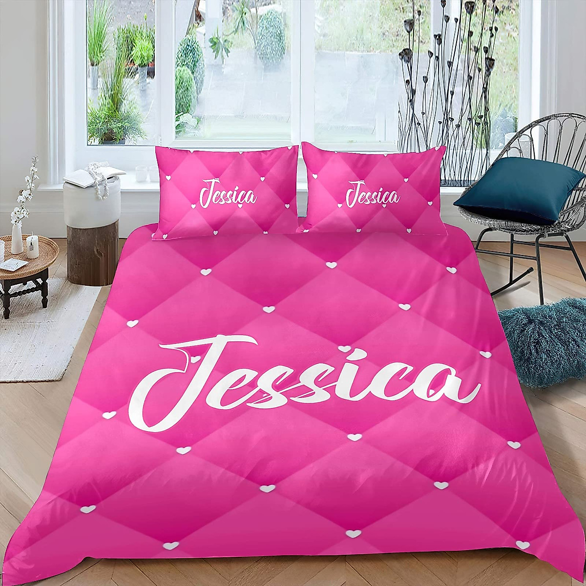 XIUCOO Personalized Pink Heart Print Duvet Cover Sets with Name Bedding Set 3 Pcs Quilt Cover with Zipper for Adult Birthday Gift,Queen Size