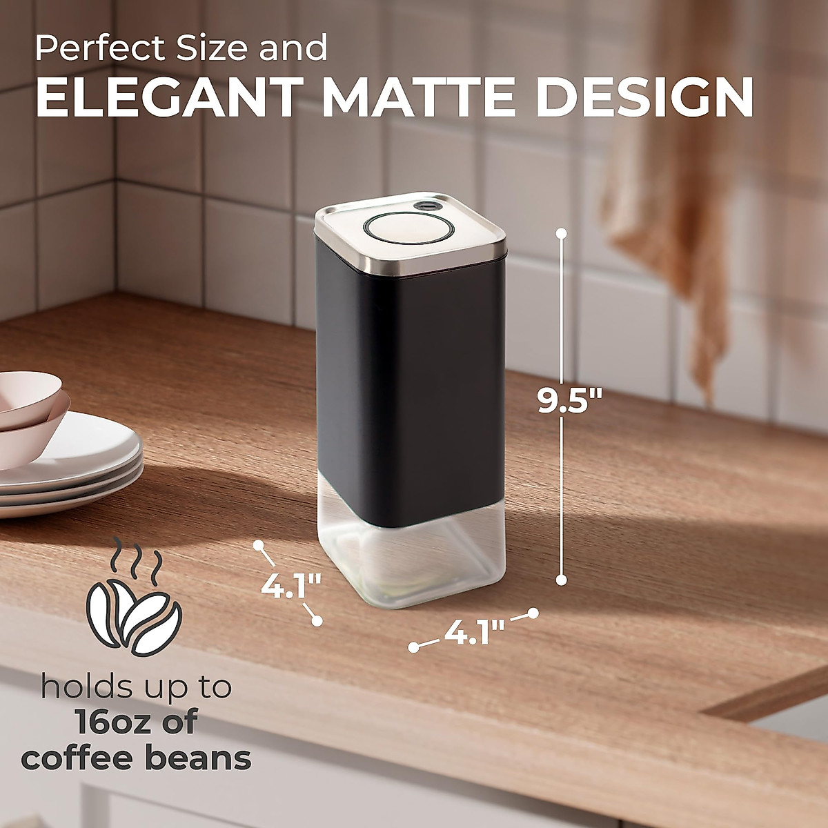 Kaffe Glass Storage Container. Coffee Canister - BPA Free Stainless Steel with Airtight Lid (16oz)