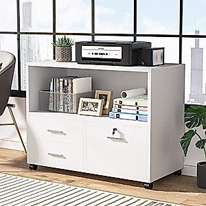 Tribesigns 3 Drawer File Cabinet with Lock, Mobile Lateral Filing Cabinet with Rolling Wheels, Large Printer Stand with Open Storage Shelves for Home Office (White)