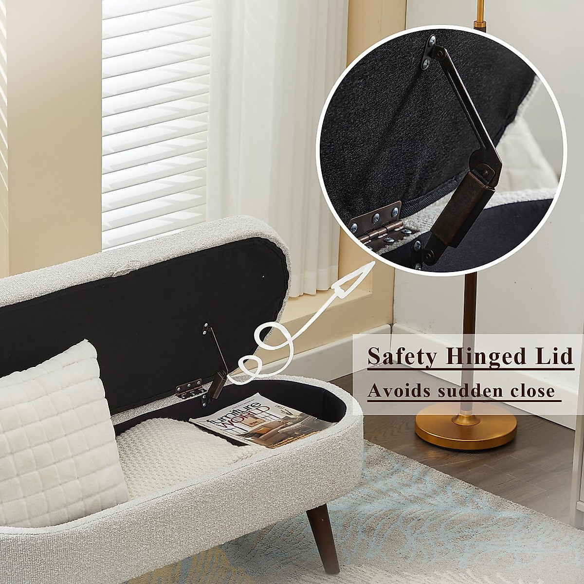 43.8" Storage Ottoman Bench for Bedroom, Upholstered Storage Bench, Boucle Ottoman Bench with Safety Hinge, End of Bed Bench with Solid Wood Legs for Living Room/Bedroom/Entryway/Beige