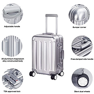 TRAVELKING All Aluminum Carry On Luggage with TSA Locks Fashion Cool Metal Hard Shell Spinner Suitcase (Silver, 20 Inch)…