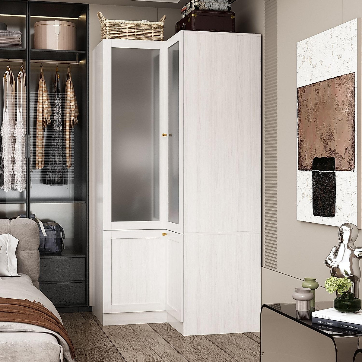 MOUMON Corner Wardrobe Closet with 2 Glass Doors, Armoire Wardrobe Closet with Hanging Rod, for Bedroom Wood Grain (16.3+19.1”W x 19.1+16.3”D x 70.9”H)
